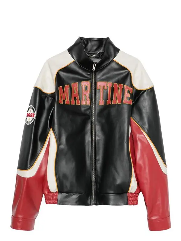 Martine Rose Paneled Leather High Neck Zip Up Jacket - Black