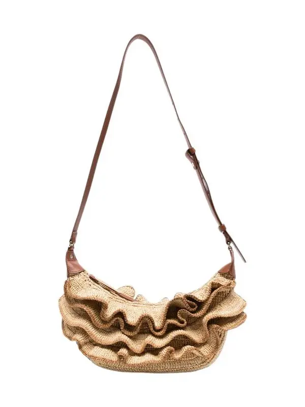 Zimmermann Woven Raffia Shoulder Bag With Ruffled Detailing - Cream
