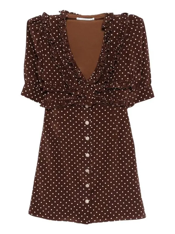 Alessandra Rich Polka Dot V-neck Ruffled Dress - Brown