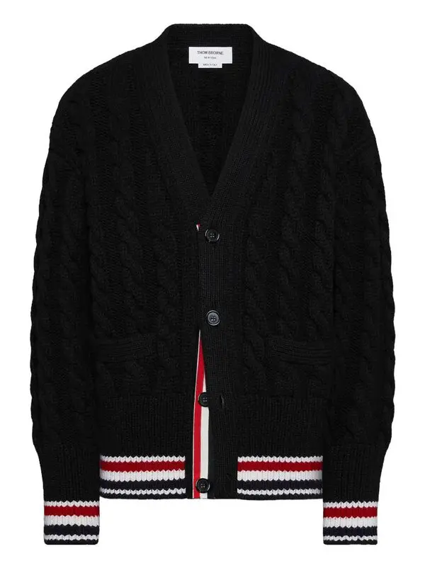 Thom Browne Cable Knit V-neck Cardigan With Stripe Detail - Black