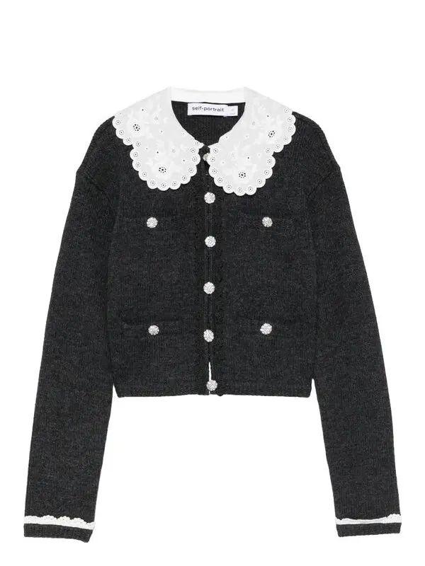 SELF-PORTRAIT Grey Knit Cardigan With Lace Detailing - Gray