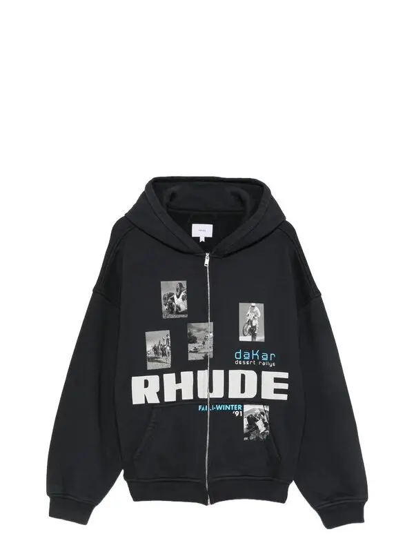 Rhude Cotton Zip-up Hoodie With Logo And Graphic Print - Black