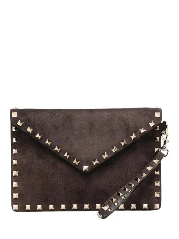 Valentino Garavani Suede Rockstud Clutch With Detachable Wrist Strap - Brown