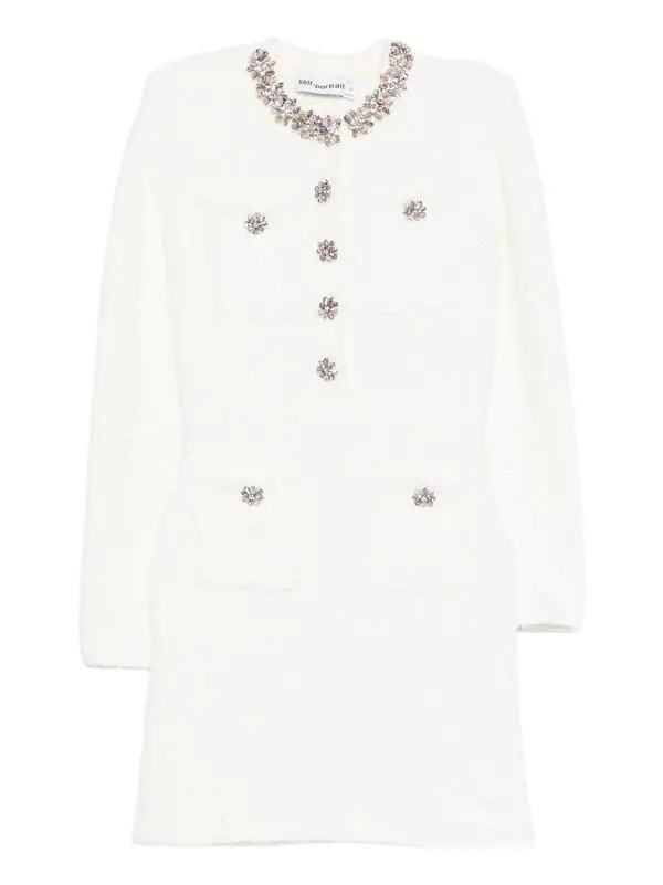 SELF-PORTRAIT Embellished Jewel Neckline Long Sleeve Dress - White