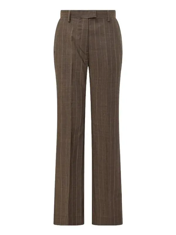 GANNI Pinstripe Wool Straight Leg Trousers - Brown