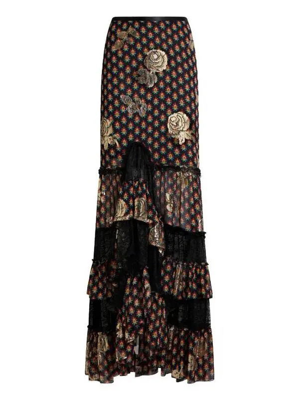 Etro And Multicolour Roses Motif Tiered Maxi Skirt - Black