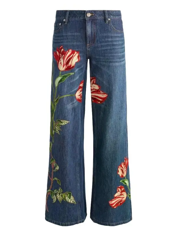 Alice + Olivia Floral Embroidered Wide-leg Jeans - Blue
