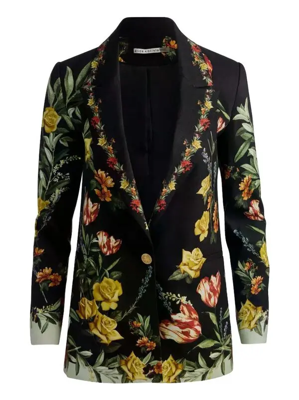 Alice + Olivia Floral-print Notched Lapel Blazer - Black