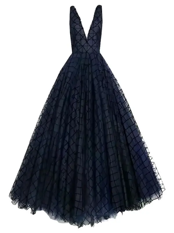 Oscar De La Renta Flocked Checked Gown - Blue