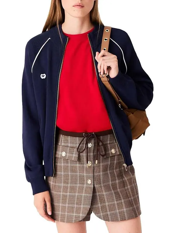Maje Contrast Trim Zippered Cardigan - Navy