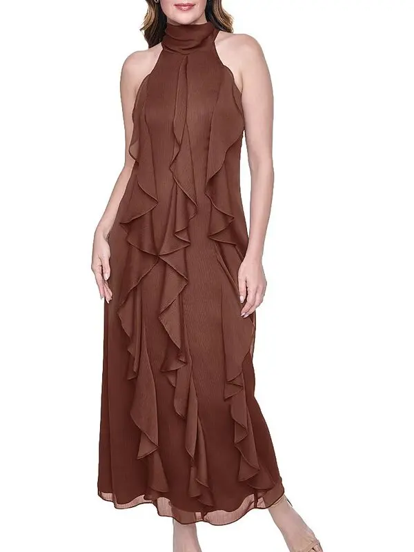 Eliza J Halterneck Cascade Ruffle Midi Dress - Chocolate