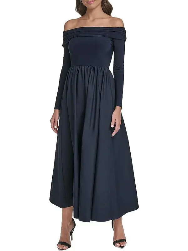 Eliza J Off-the-shoulder Gathered Midi Dress - Navy