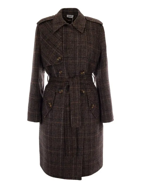 Liu Jo Plaid Double-breasted Belted Coat - Camel Check