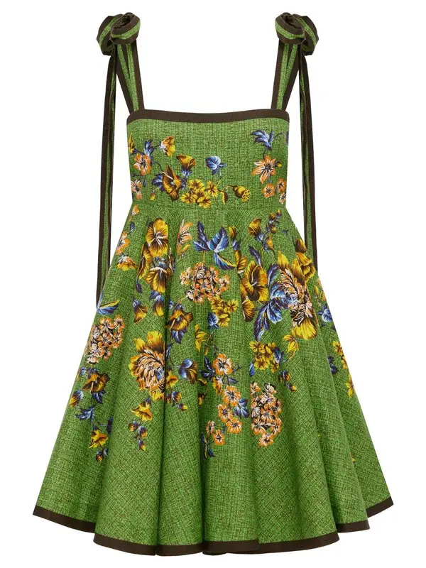 ALEMAIS Floral Linen Babydoll Sundress - Verde