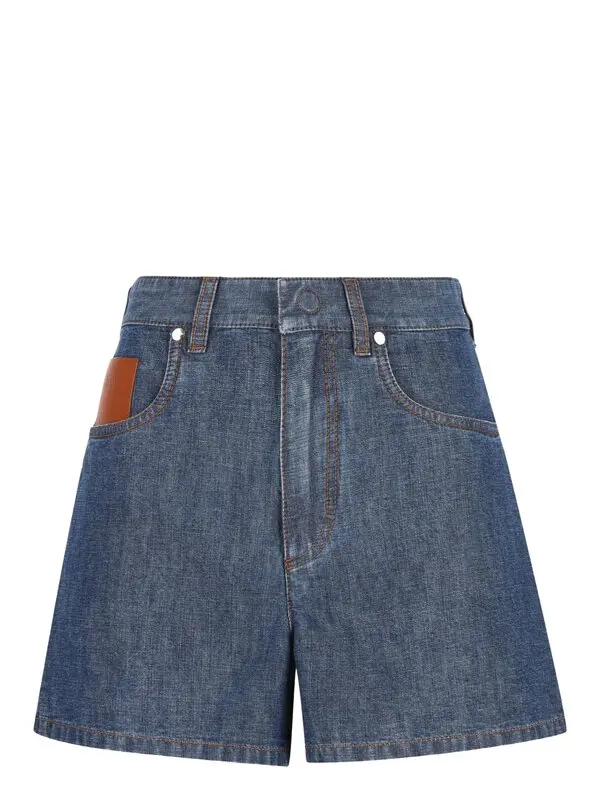 Fendi Appliqué Cotton Denim High-waist Shorts With Leather Logo Patch - Navy