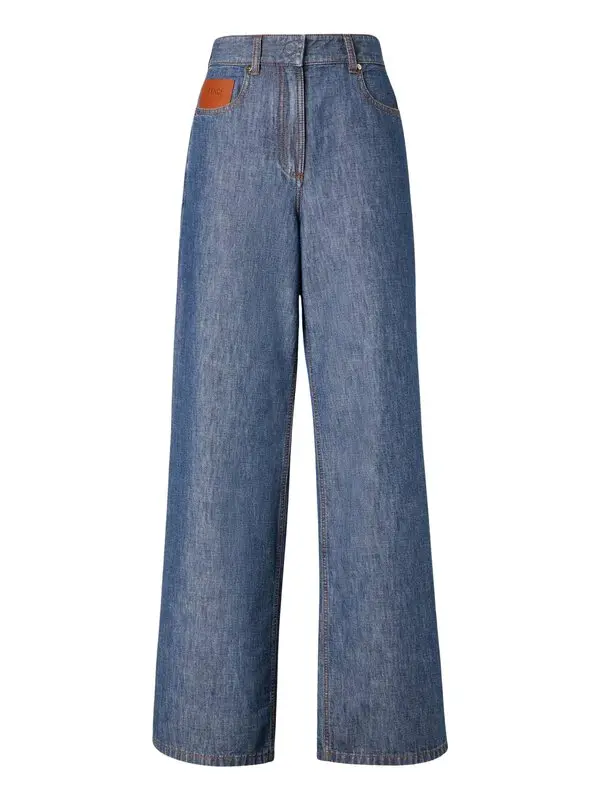 Fendi High-waist Palazzo Jeans With Leather Watch Pocket - Navy