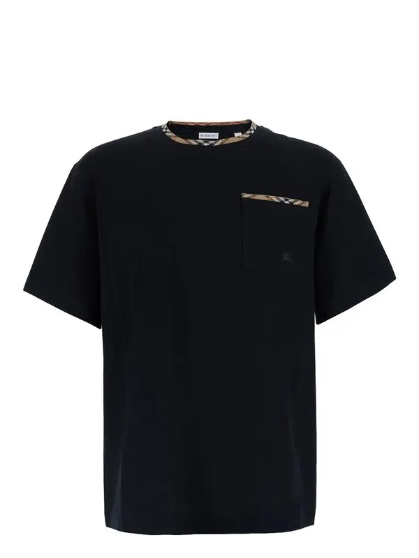 Burberry Cotton Logo T-shirt With Checkered Trim And Chest Pocket - Black