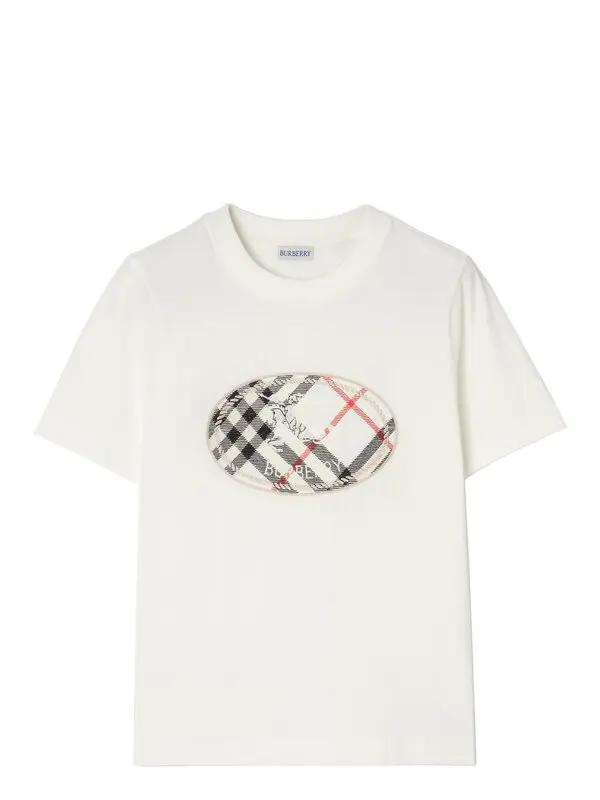 Burberry Crew Neck T-shirt With Knight Stamp Check Detail - Bianco