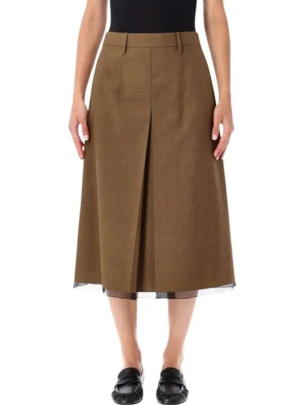 Prada Virgin Wool Midi Skirt With Sheer Chiffon Hem And Inverted Pleat - Tobacco