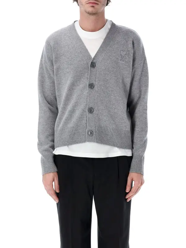 AMI Paris V-neck Wool-cashmere Cardigan - Grigio