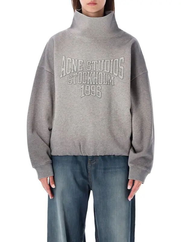 Acne Studios Brushed Cotton Fleece Funnel Neck Sweatshirt With Balloon Hem And Logo - Grigio