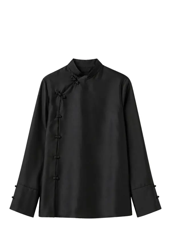 RÓHE Silk Mandarin Collar Top With Asymmetrical Knot Front - Black