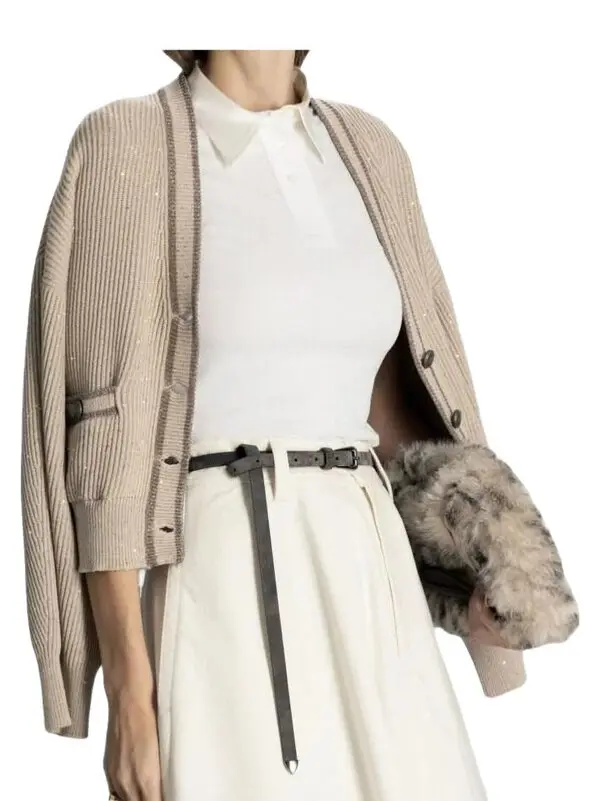 Brunello Cucinelli Sequin-embellished Ribbed Cardigan - Beige