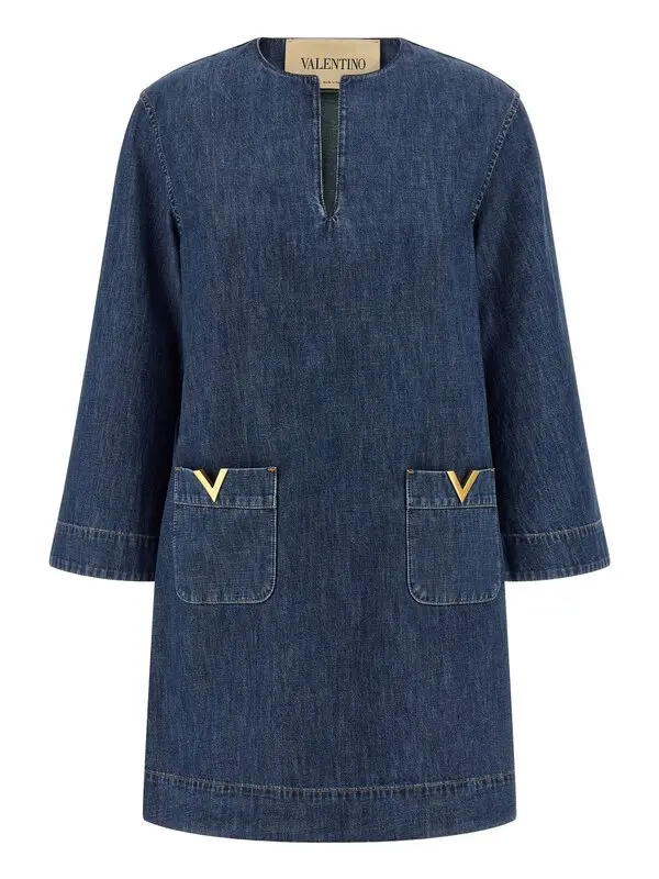 Valentino Garavani Denim Dress With Vgold Pockets - Blue