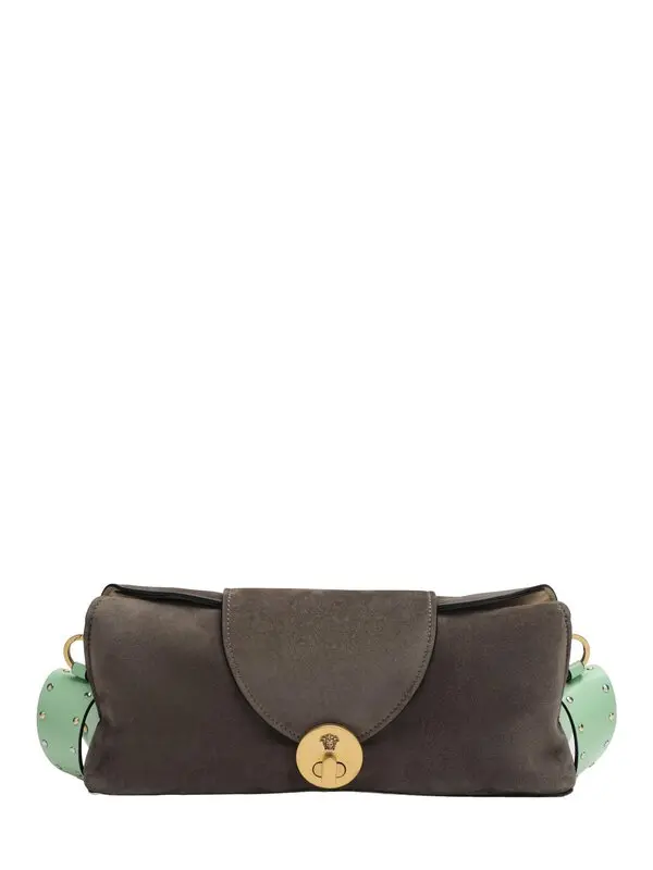 Versace Vivian Pouch In Suede Split Leather With Gold Tone Hardware - Brown