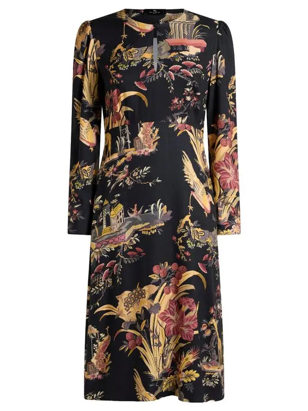 Etro Crepe Midi Dress With Floral And Animal Motif - Blue
