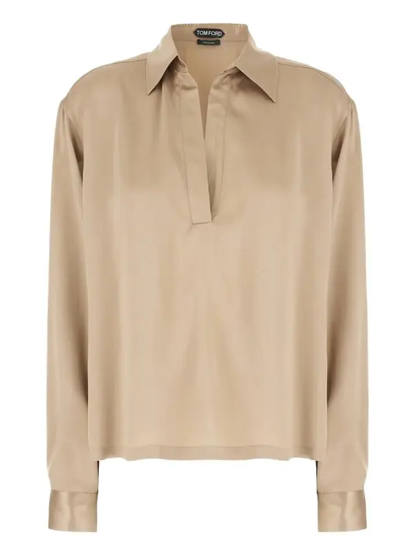 TOM FORD Silk Satin Long Sleeve Polo - Multicolor