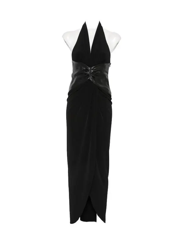 Andamane Halterneck Dress With Leather Paneling And Ruched Detailing - Black