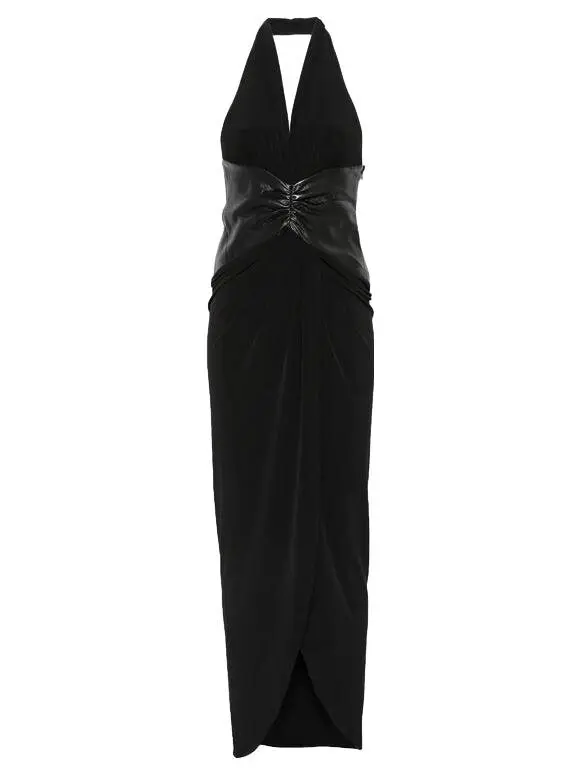 Andamane Halterneck Dress With Leather Paneling And Ruched Detailing - Black