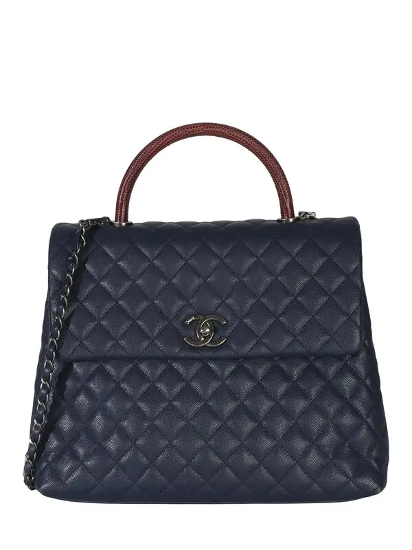 Chanel Quilted Caviar Lizard Top Handle Bag - Blue