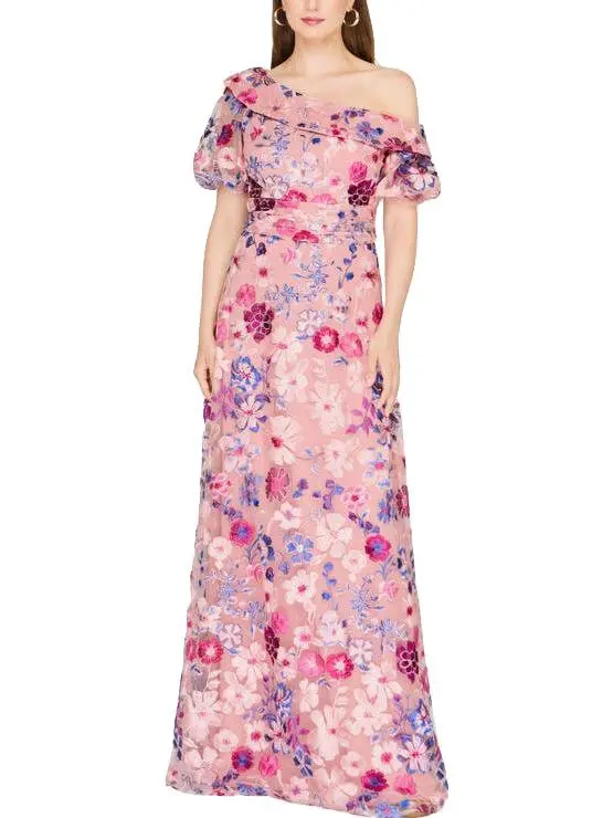 Js Collections Marigold Embroidered One-shoulder Puff Sleeve Gown - Rose Multi
