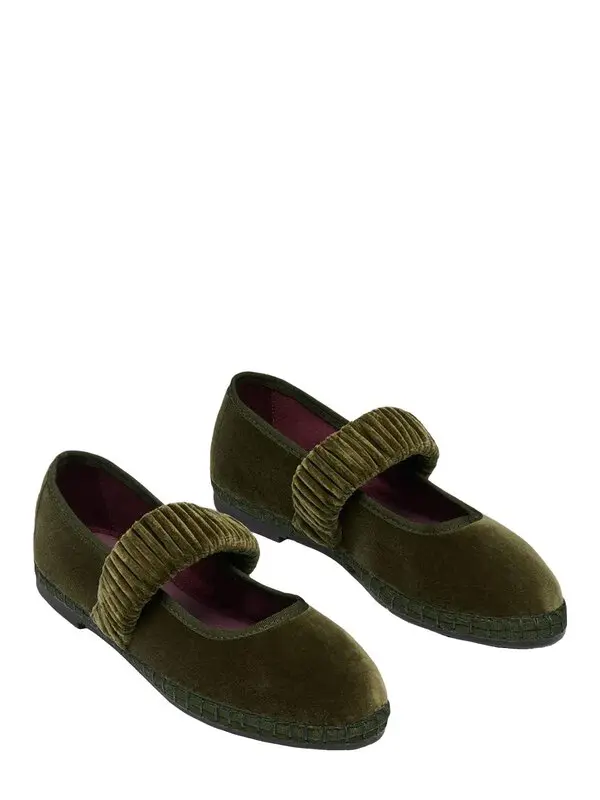 FLABELUS Mafalda Mary Jane Flat In Velvet With Smocked Strap - Green