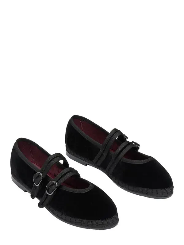 FLABELUS Claire Velvet Mary Jane Flats With Double Buckle Straps - Black