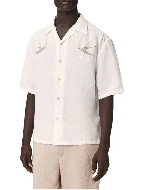 ALLSAINTS Avia Bird Embroidered Linen Camp Shirt - Ecru