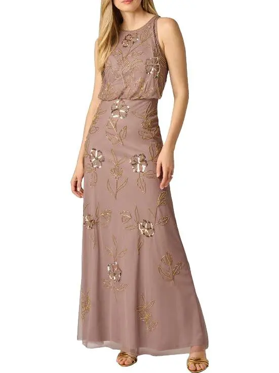 Adrianna Papell Beaded Floral Sleeveless Gown - Stone