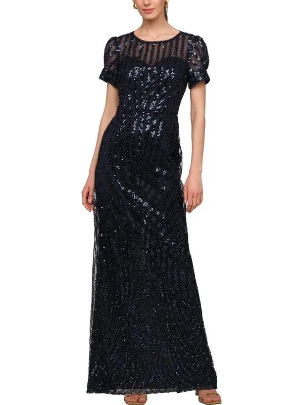 Js Collections Ivetta Sequin Stripe Illusion Neck Column Gown - Navy