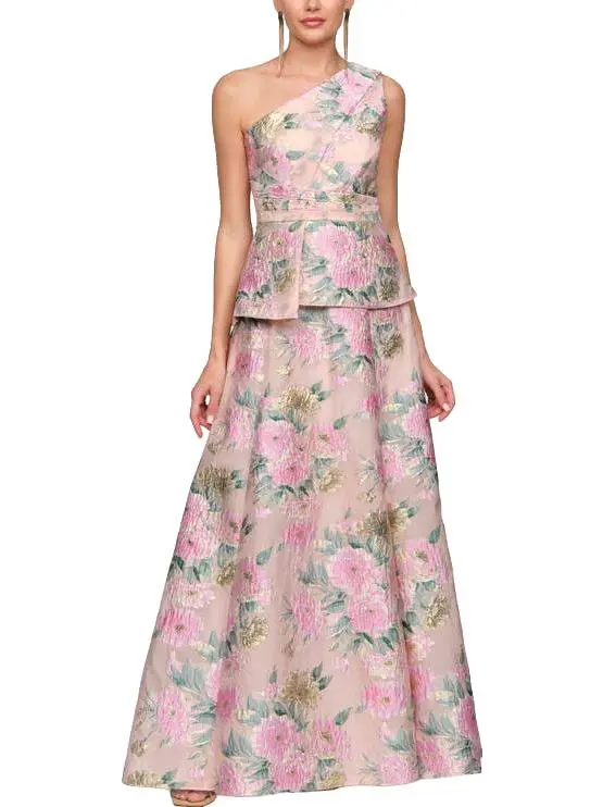 Js Collections Floral Metallic Jacquard Peplum Gown - Blush Multi
