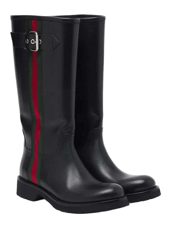 Gucci Web Stripe Leather Biker Boots - Black