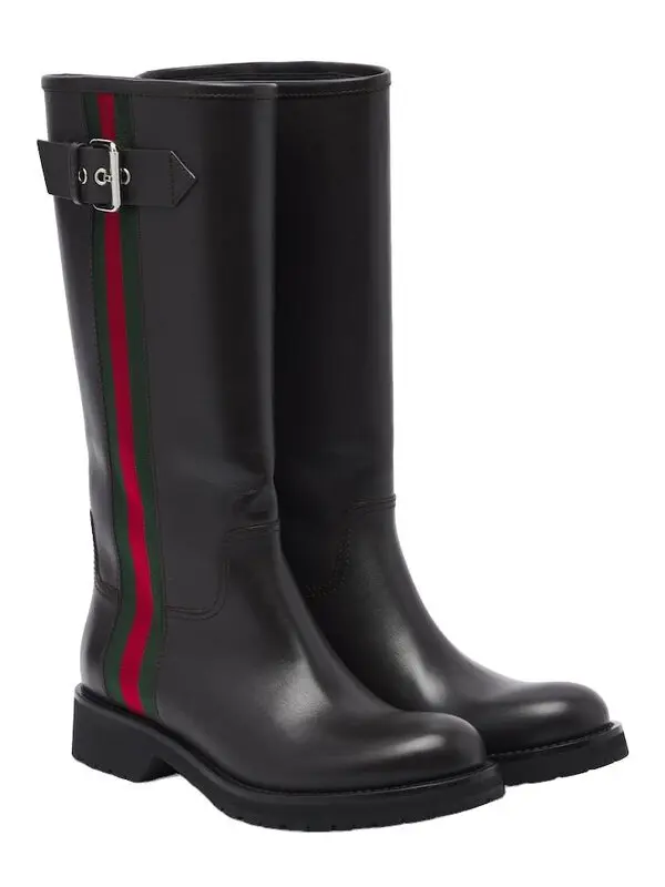 Gucci Web Stripe Leather Biker Boots - Brown