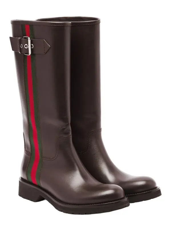 Gucci Web Stripe Leather Biker Boots - Brown