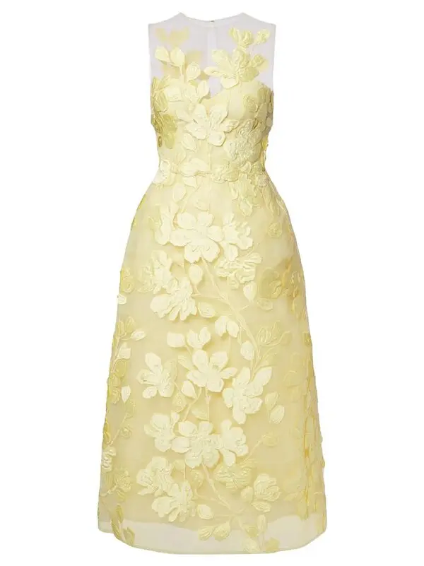 Monique Lhuillier Floral Tulle Midi Dress - Yellow
