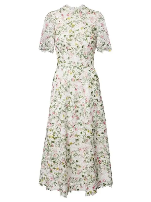 Monique Lhuillier Floral Lace Midi Dress - White