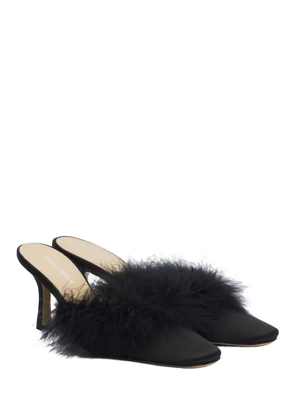 Mach & Mach Carolyn Feather-trimmed Satin Mules - Black