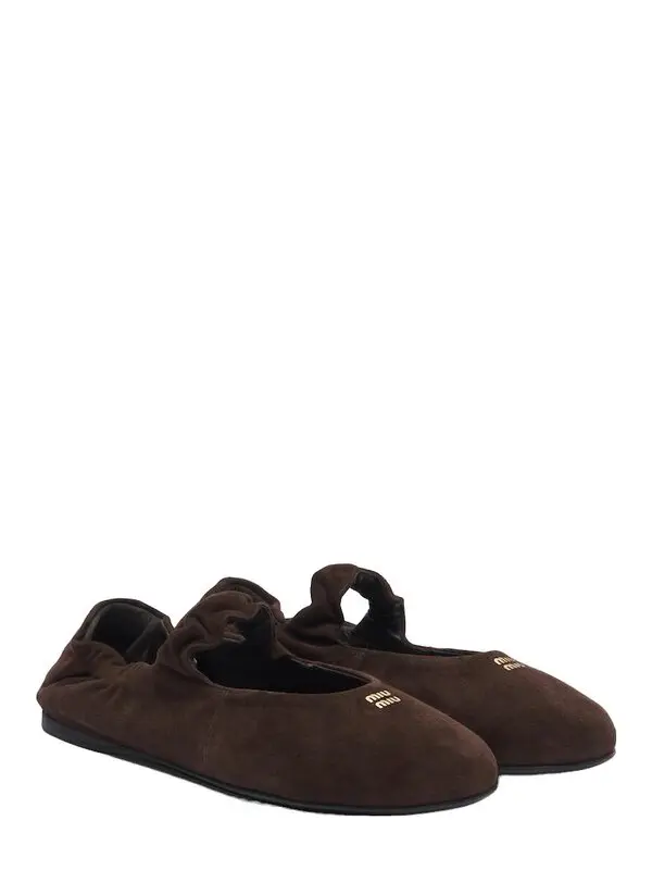 Miu Miu Logo Suede Ballet Flats - Brown