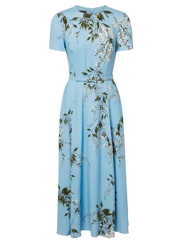Monique Lhuillier Floral Belted Midi Dress - Blue
