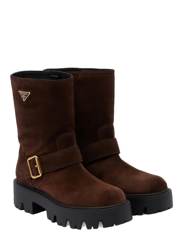 Prada Logo Suede Biker Boots - Brown